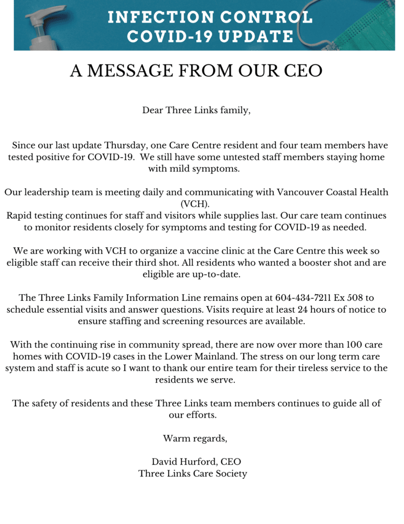 CEO Message: Infection Control Update | Three Links Care Society